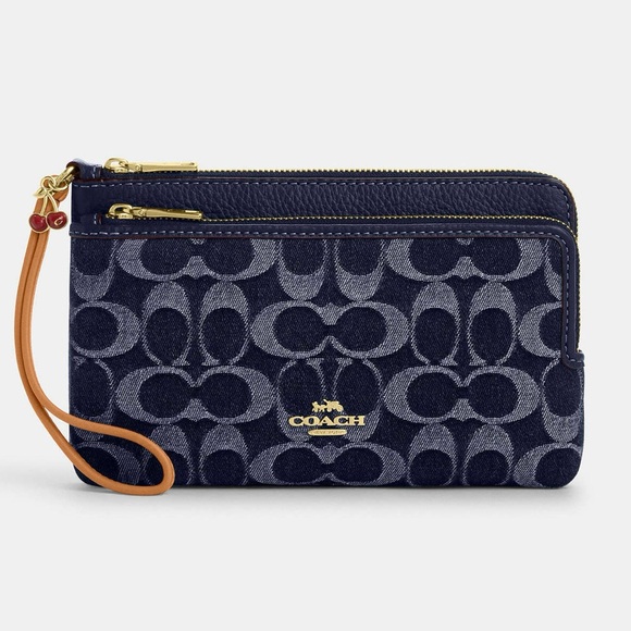 Coach | Bags | Coach Double Zip Wallet In Signature Denim With Cherry ...